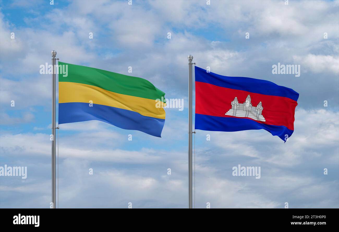 Cambodia and Gabon flags waving together on blue cloudy sky, two country relationship concept ...