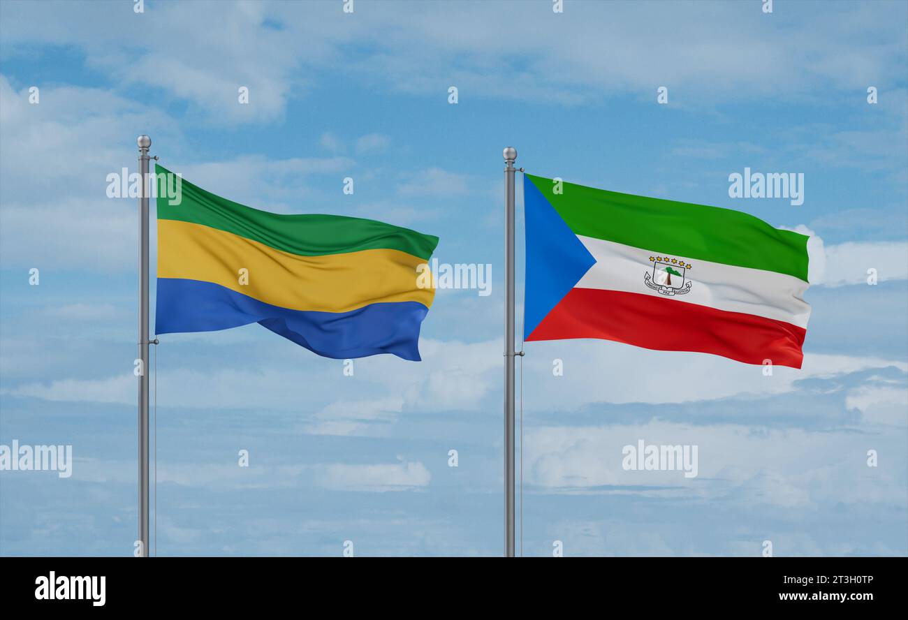 Equatorial Guinea and Gabon flags waving together on blue cloudy sky ...