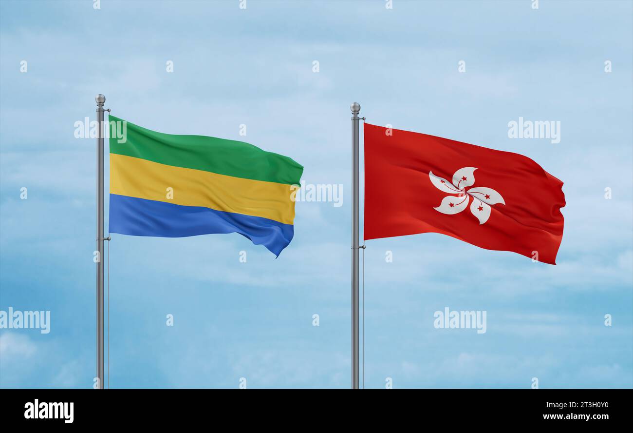 Hong Kong and Gabon flags waving together on blue cloudy sky, two country relationship concept ...