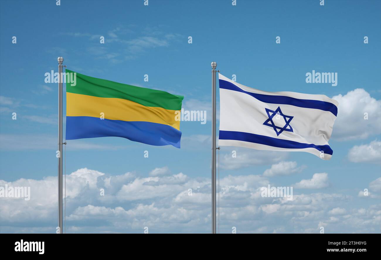Israel and Gabon flags waving together on blue cloudy sky, two country relationship concept ...