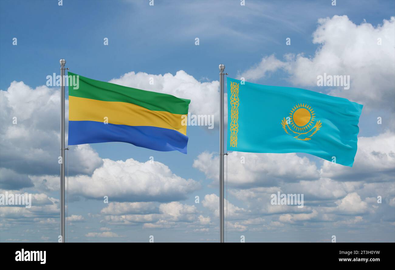 Kazakhstan and Gabon flags waving together in the wind on blue cloudy sky, two country ...