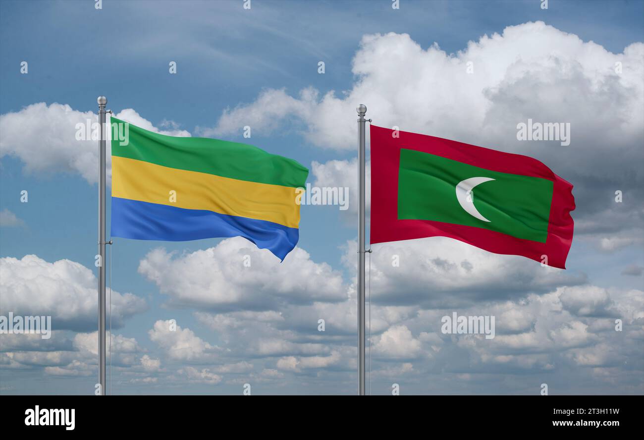 Maldives and Gabon flags waving together on blue cloudy sky, two country relationship concept ...
