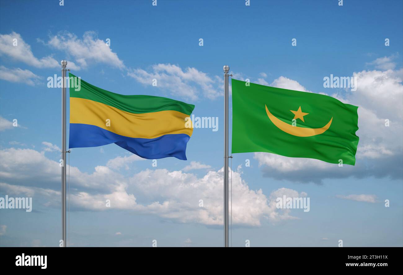 Mauritania and Gabon flags waving together on blue cloudy sky, two country relationship concept ...