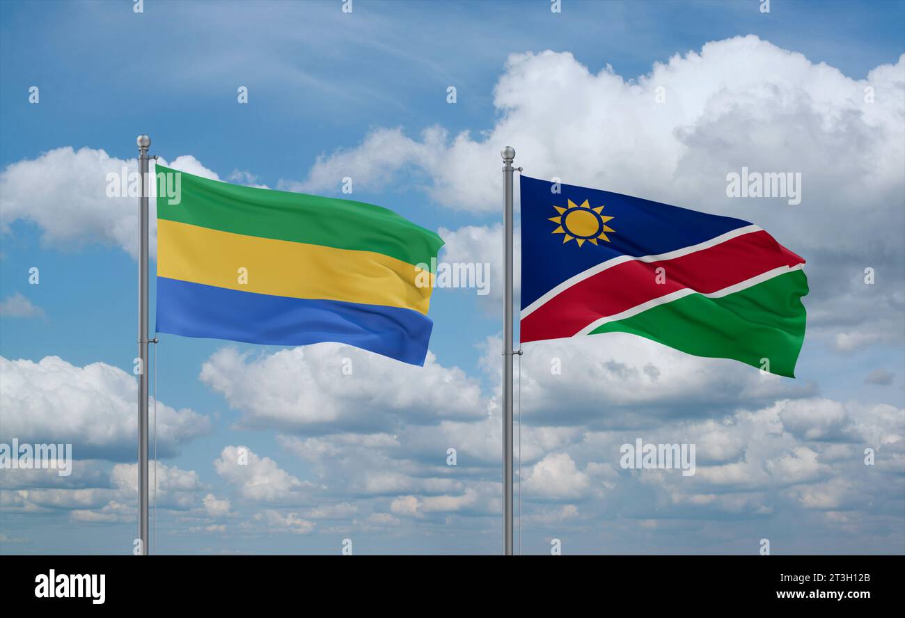 Namibia and Gabon flags waving together in the wind on blue cloudy sky, two country relationship ...