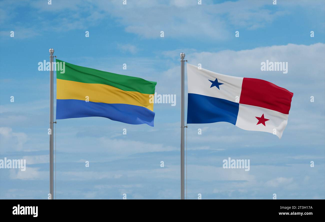 Panama and Gabon flags waving together on blue cloudy sky, two country relationship concept ...