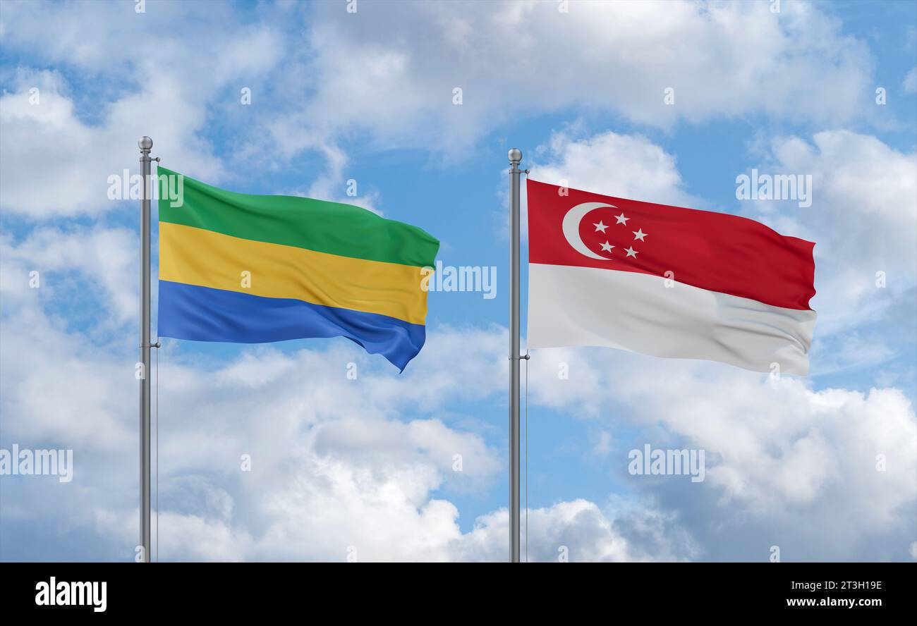Republic of Singapore and Gabon flags waving together in the wind on ...