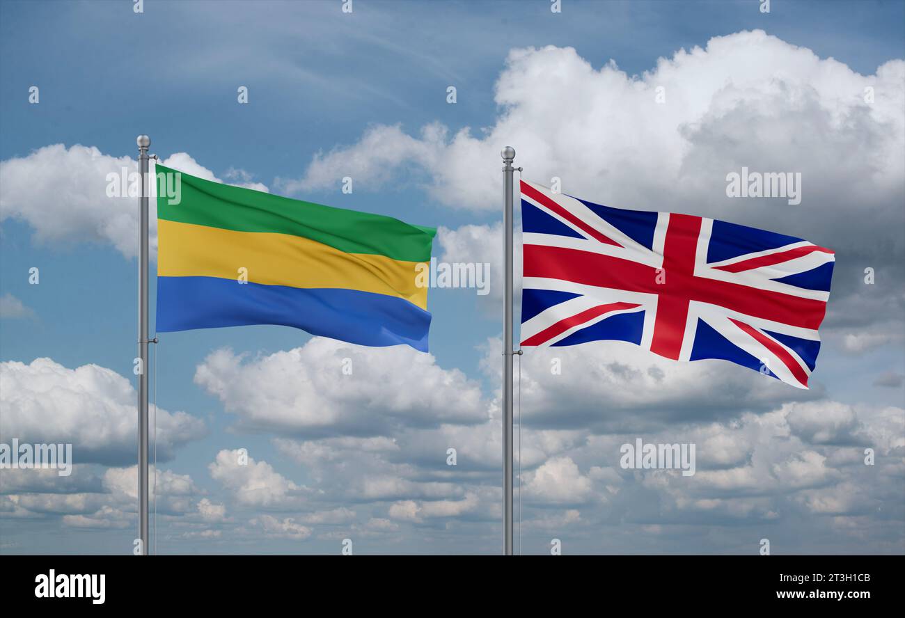 United Kingdom and Gabon flags waving together in the wind on blue cloudy sky, two country ...