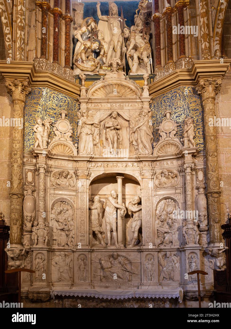 Avila, Spain, 07.10.21. Alabaster altarpiece with the scenes from the ...