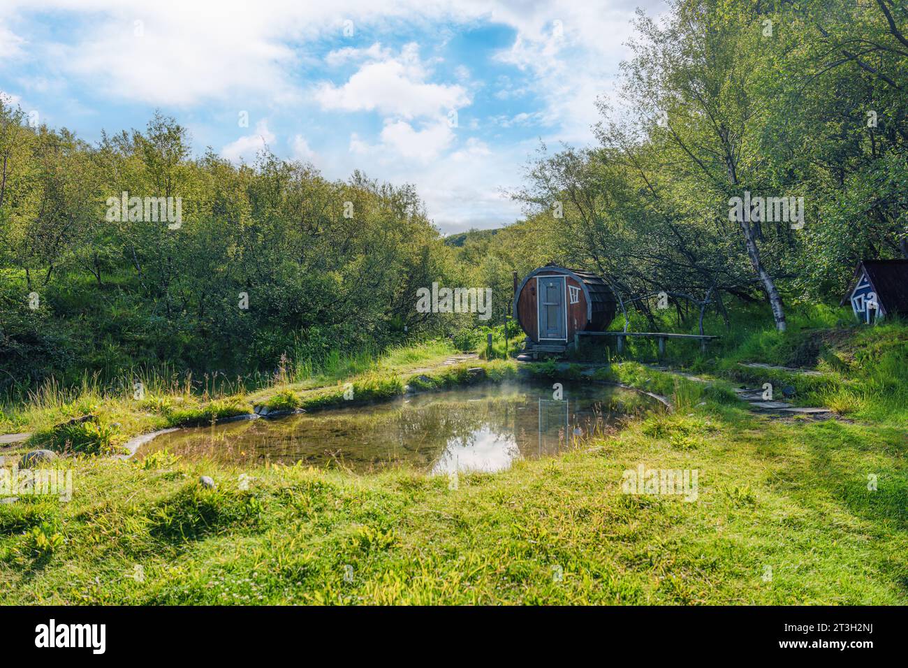 Natural hot spring pool with wooden sauna hut in the forest Stock Photo ...