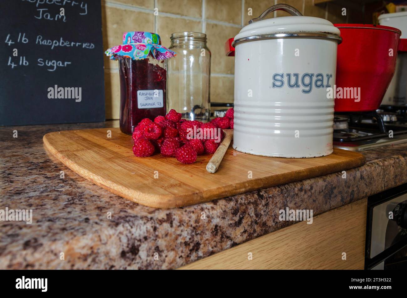 Jam making equipment including fresh raspberries and sugar Stock Photo ...