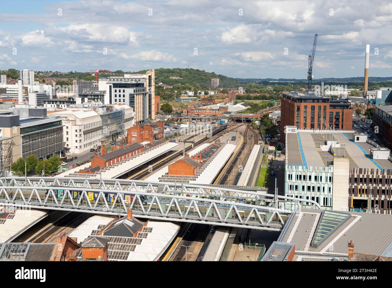 Tram Stop and Train Station in Nottingham City, viewed from the roof of ...