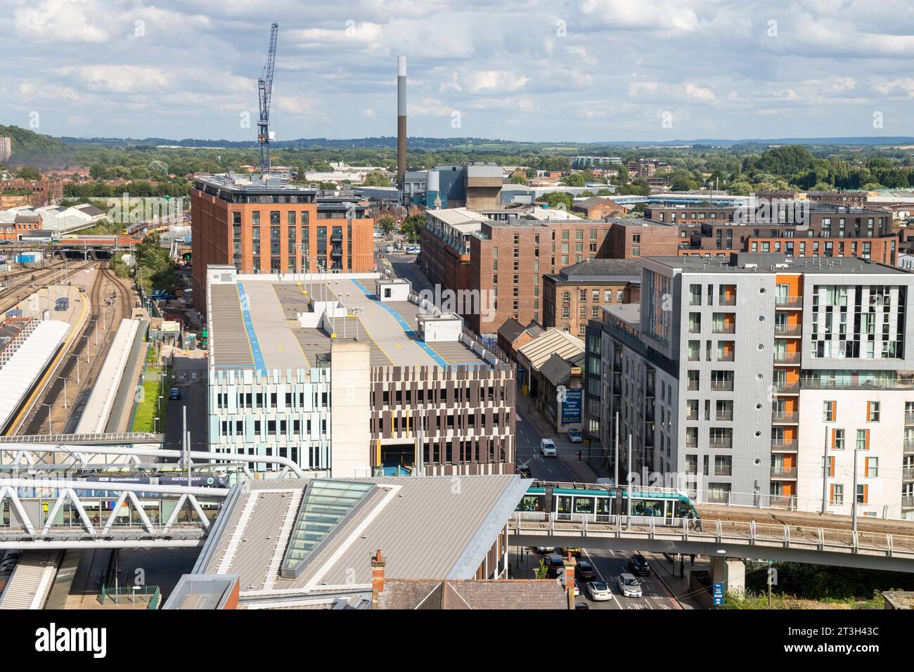 Tram Stop and Train Station in Nottingham City, viewed from the roof of ...