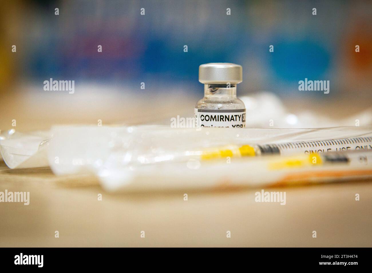 The Comirnaty vaccine against COVID 19, illustration of a pharmacy ...
