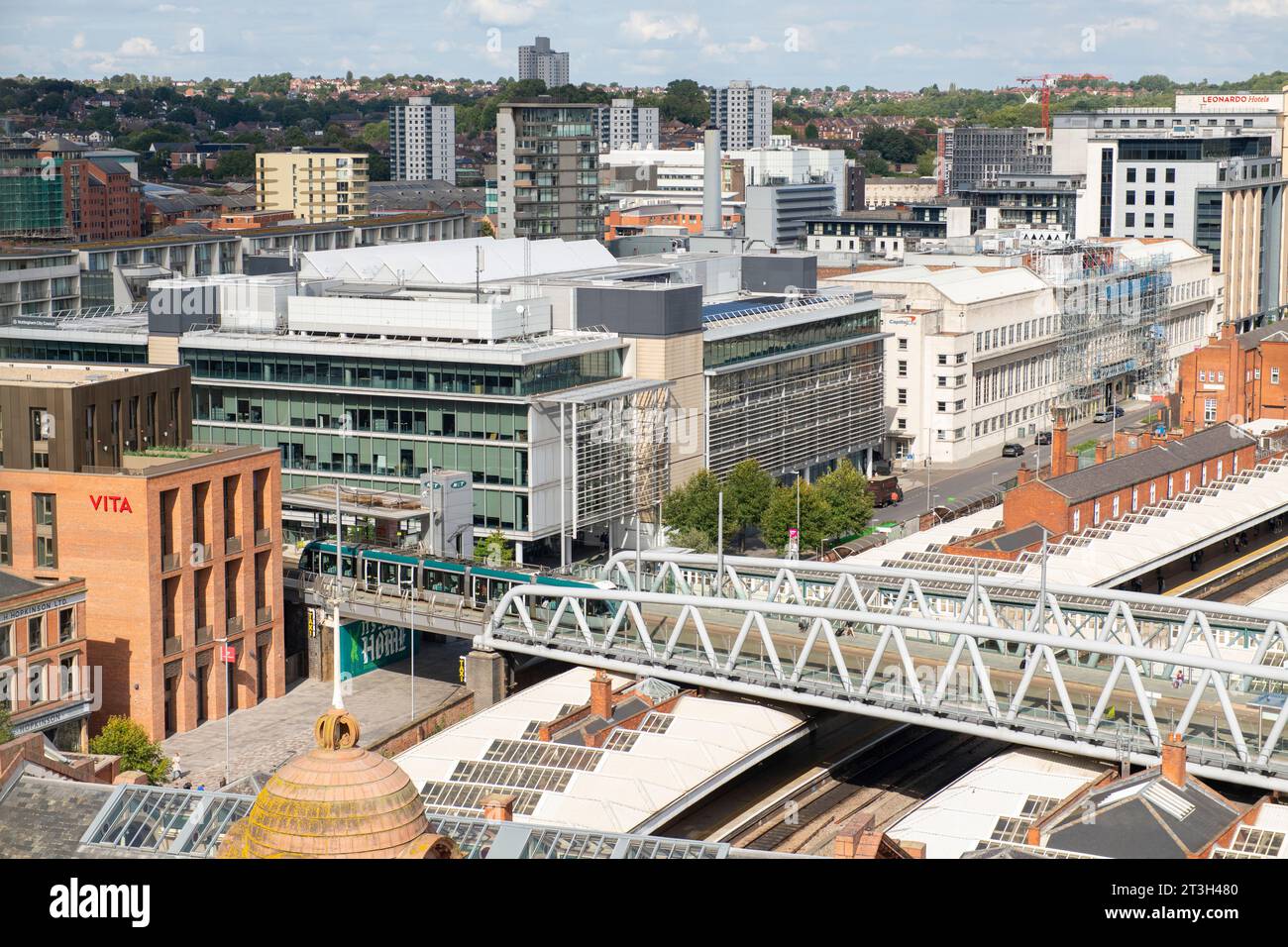 Tram Stop and Train Station in Nottingham City, viewed from the roof of ...