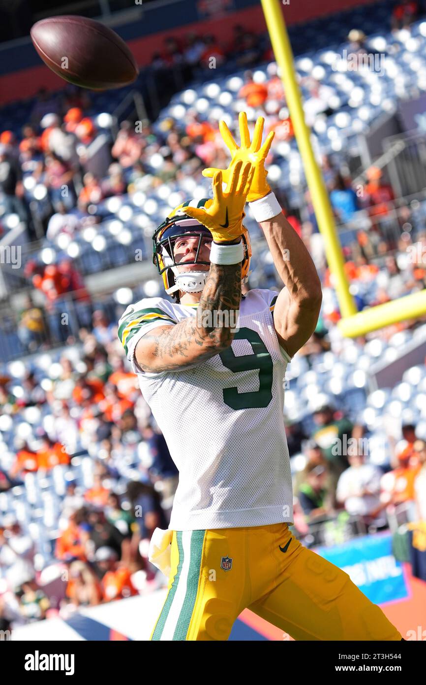Green Bay Packers wide receiver Christian Watson (9) against the Denver ...