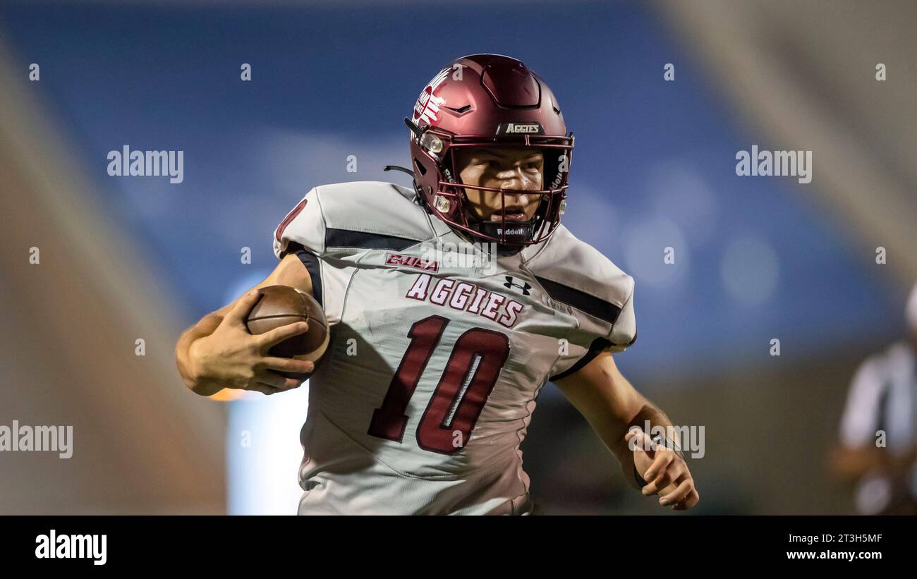 New Mexico State quarterback Diego Pavia runs for yardage during an ...