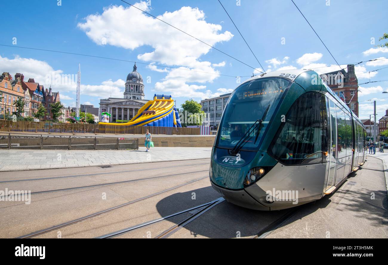 Tram passing Nottingham Beach in the Market Square, Nottinghamshire ...
