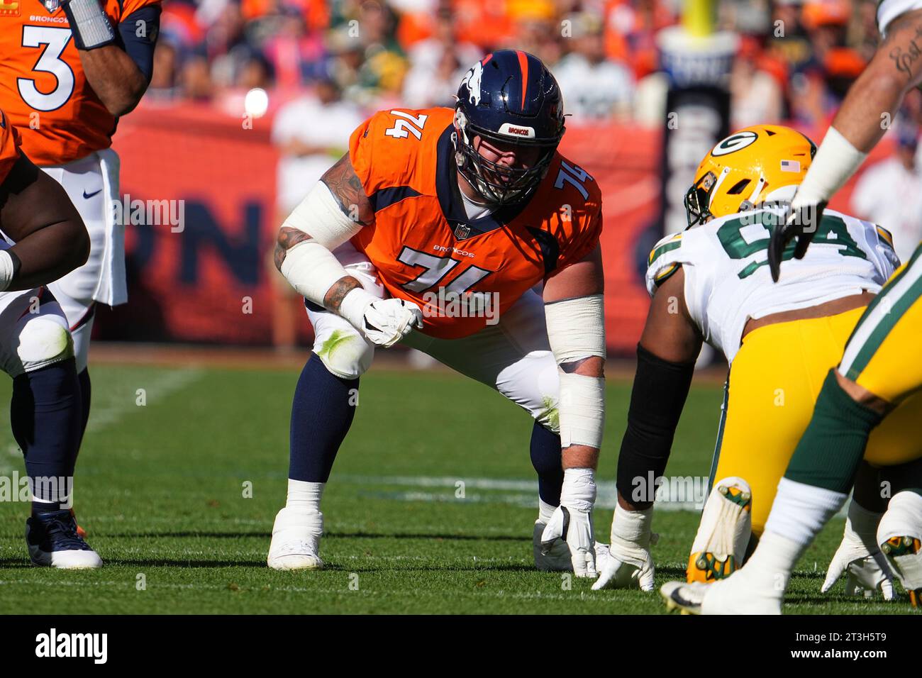 Denver Broncos guard Ben Powers (74) against the Green Bay Packers of ...