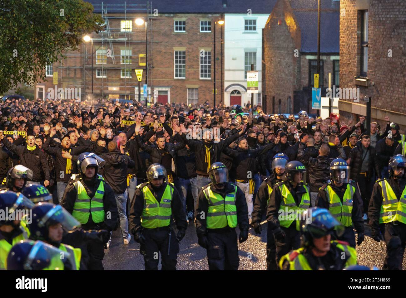 Newcastle, UK. 25th Oct, 2023. Borussia Dortmund fans arrive surrounded ...