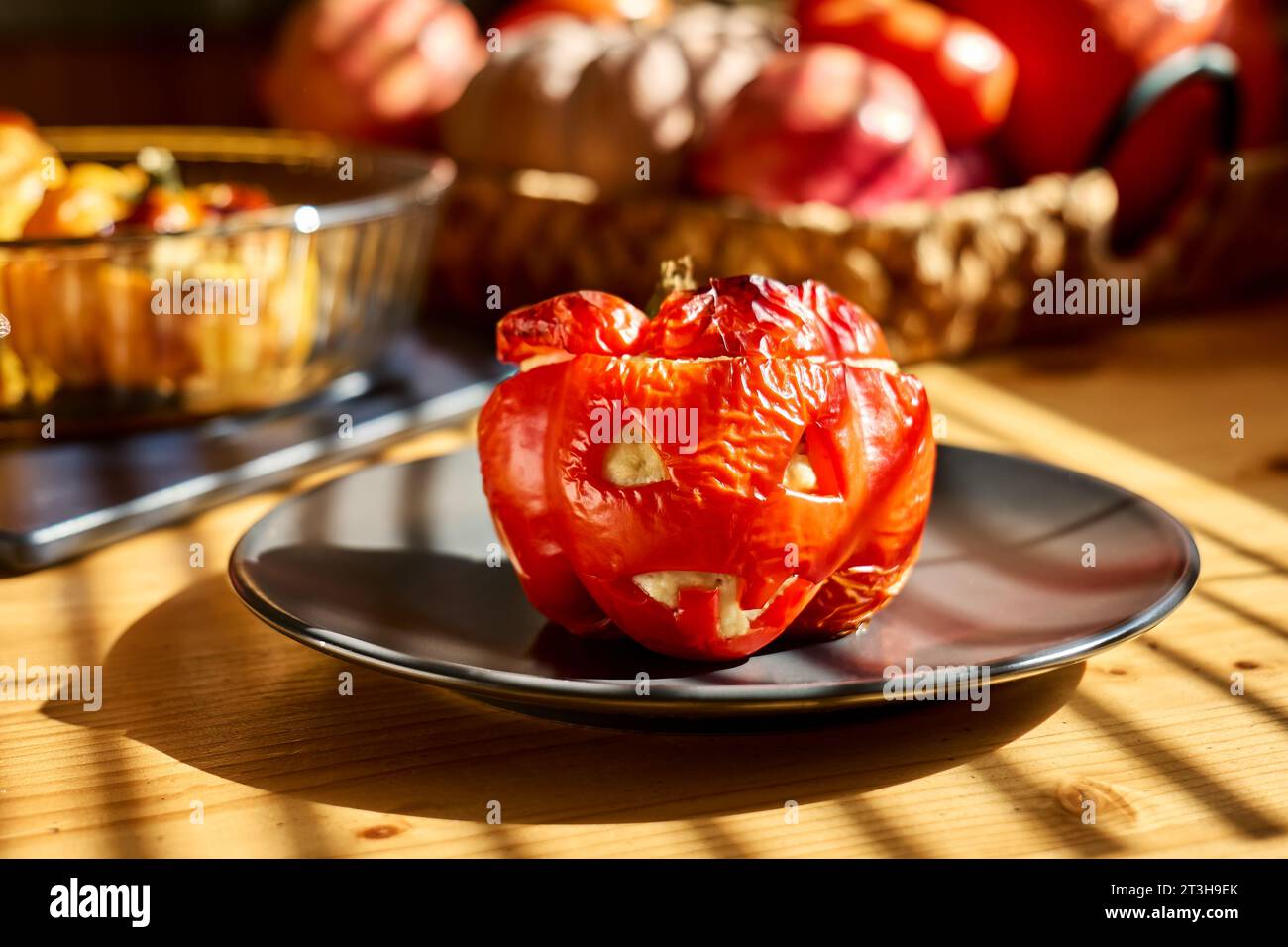 Halloween food idea. Stuffed colorful bell peppers with ricotta cheese ...