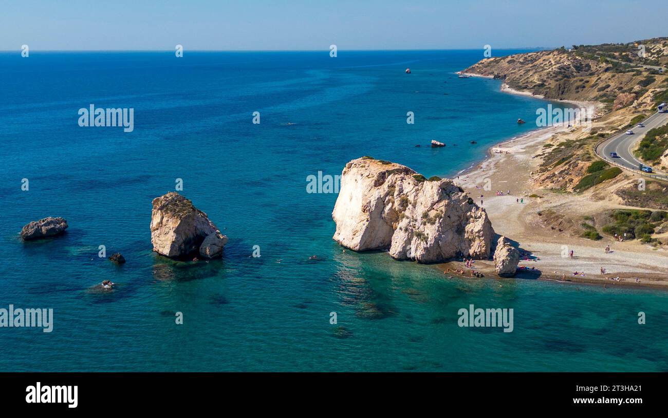 Aerial drone view of Aphrodite's Rock (Petra Tou Romiou) Paphos, Cyprus ...