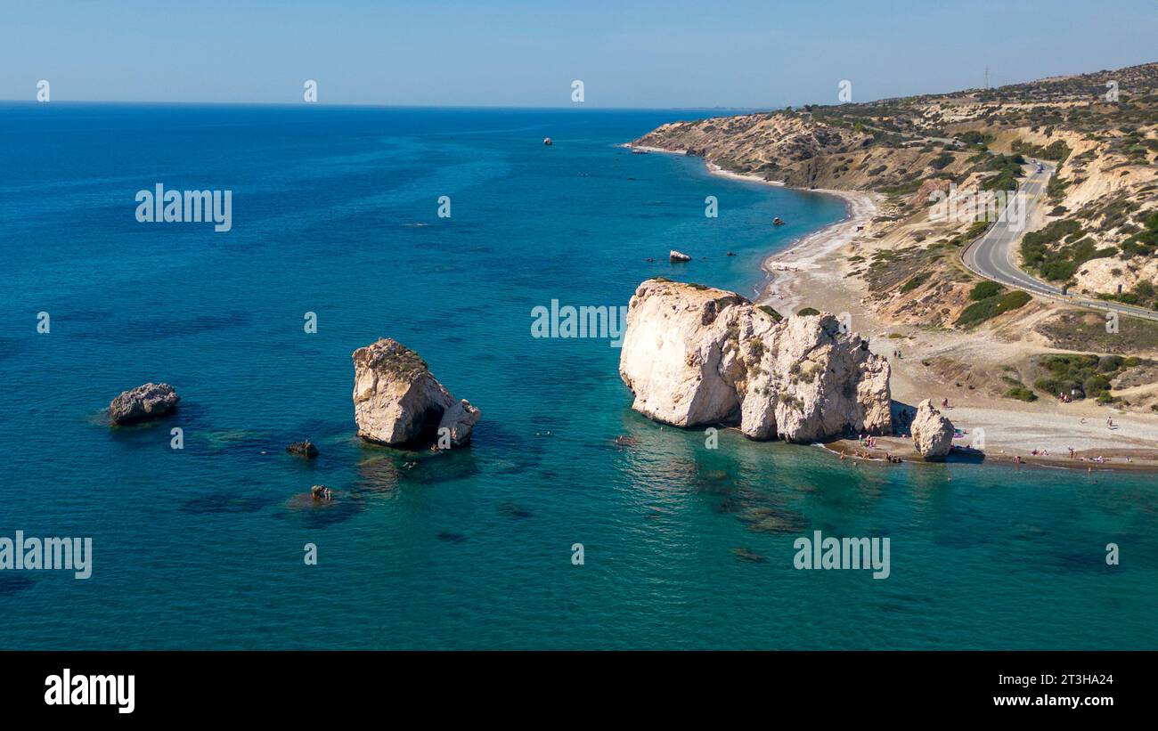 Aerial drone view of Aphrodite's Rock (Petra Tou Romiou) Paphos, Cyprus ...