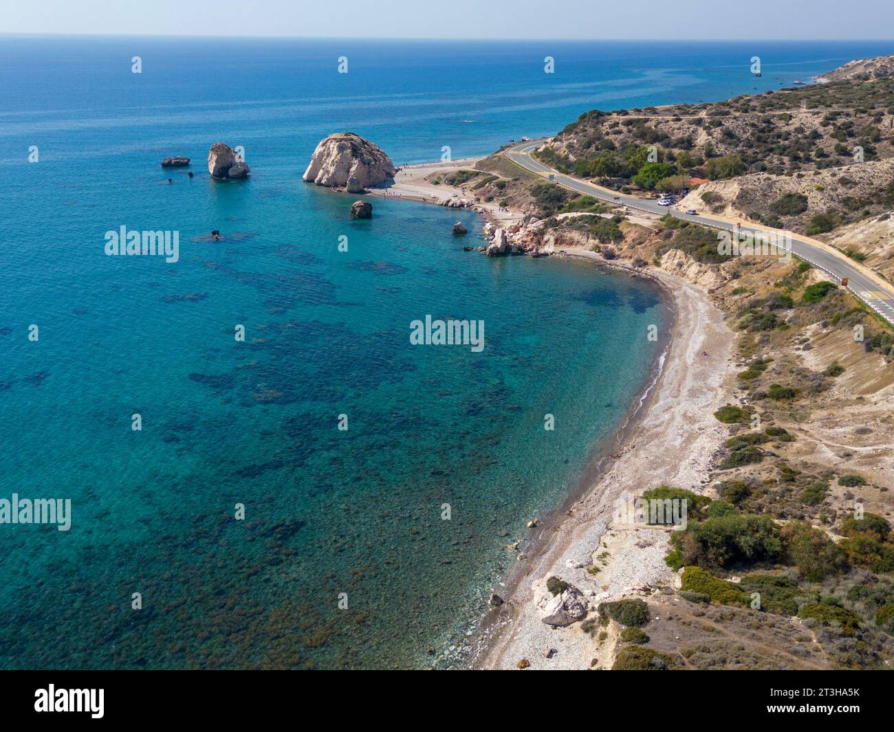 Aerial drone view of Aphrodite's Rock (Petra Tou Romiou) Paphos, Cyprus ...