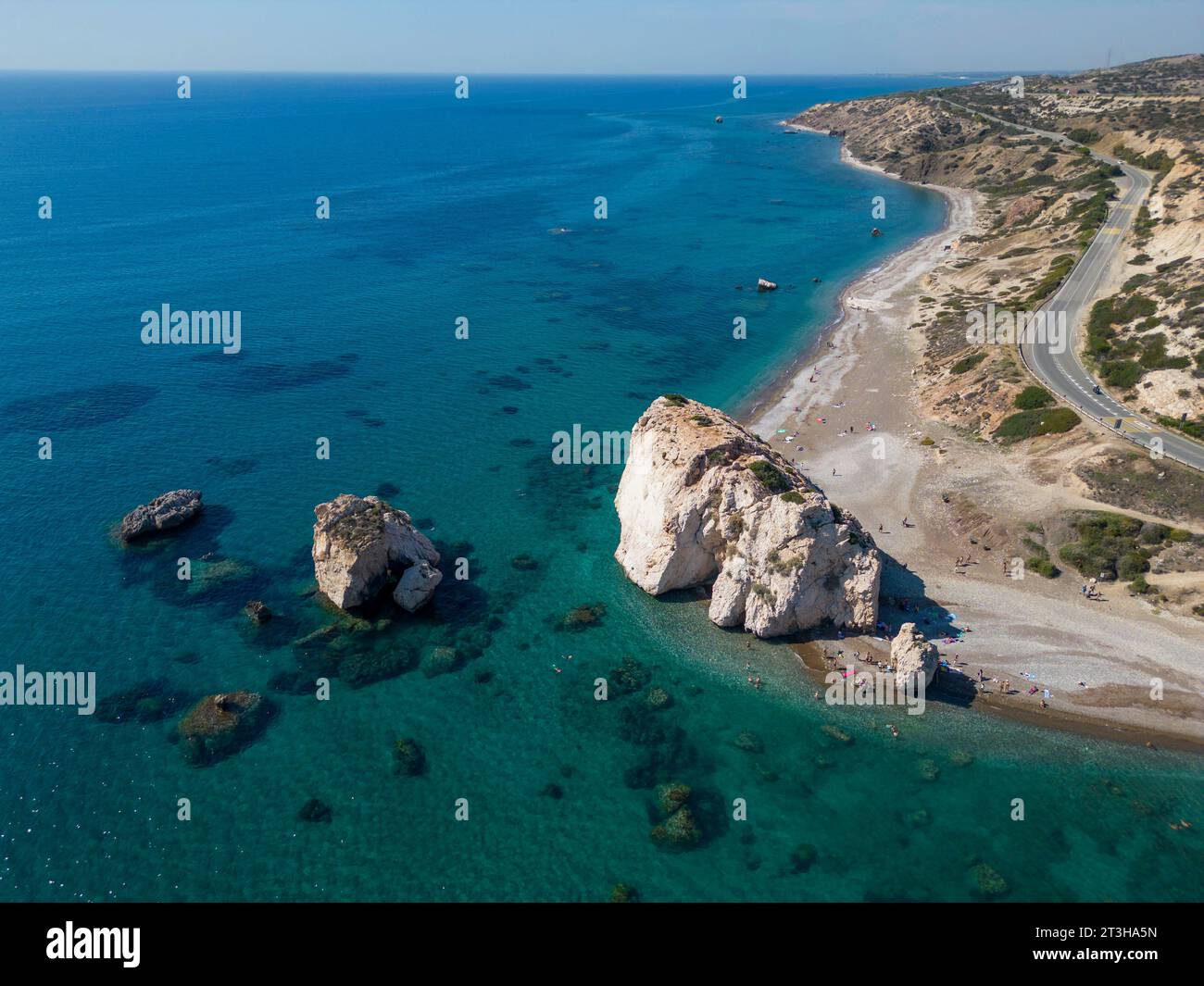Aerial drone view of Aphrodite's Rock (Petra Tou Romiou) Paphos, Cyprus ...