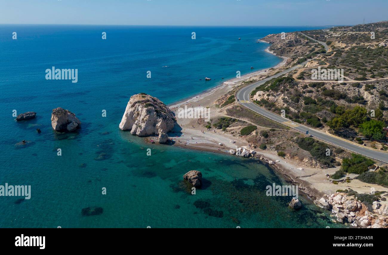 Aerial drone view of Aphrodite's Rock (Petra Tou Romiou) Paphos, Cyprus ...