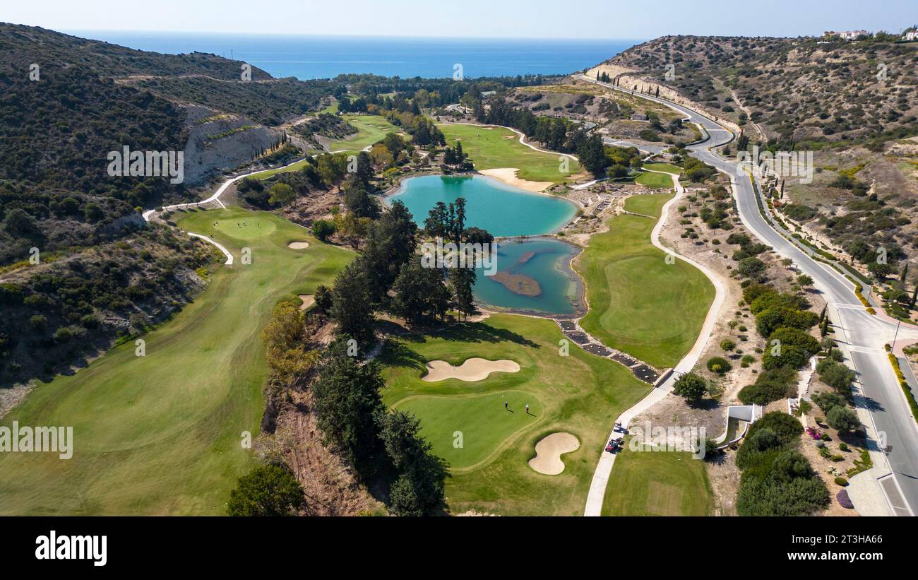 Aerial drone view of Secret Valley Golf Resort, Paphos district, Cyprus ...