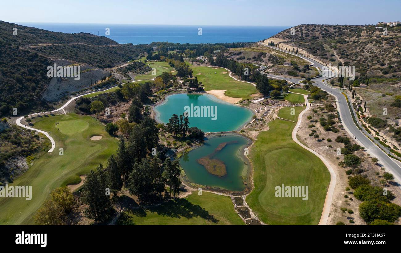 Aerial drone view of Secret Valley Golf Resort, Paphos district, Cyprus ...