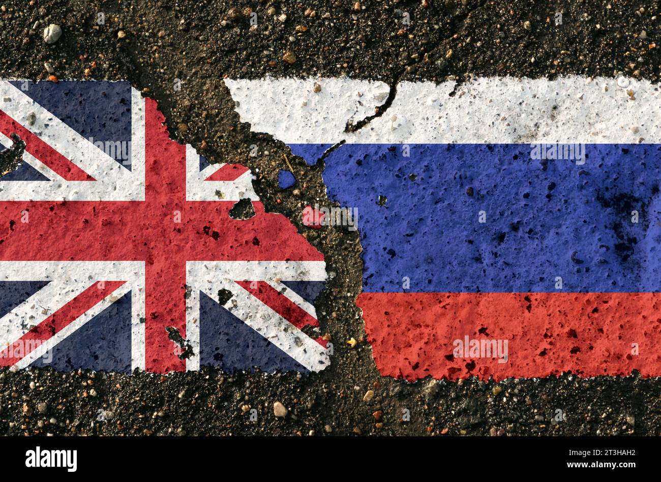 On the pavement, the images of the flags of the UK and Russia, as a ...
