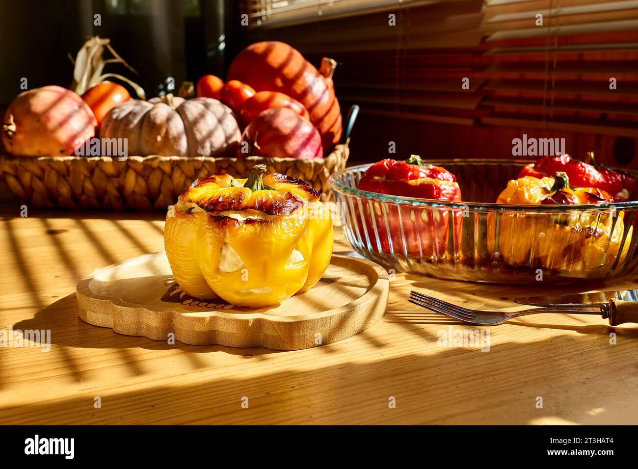 Halloween food idea. Stuffed colorful bell peppers with ricotta cheese ...