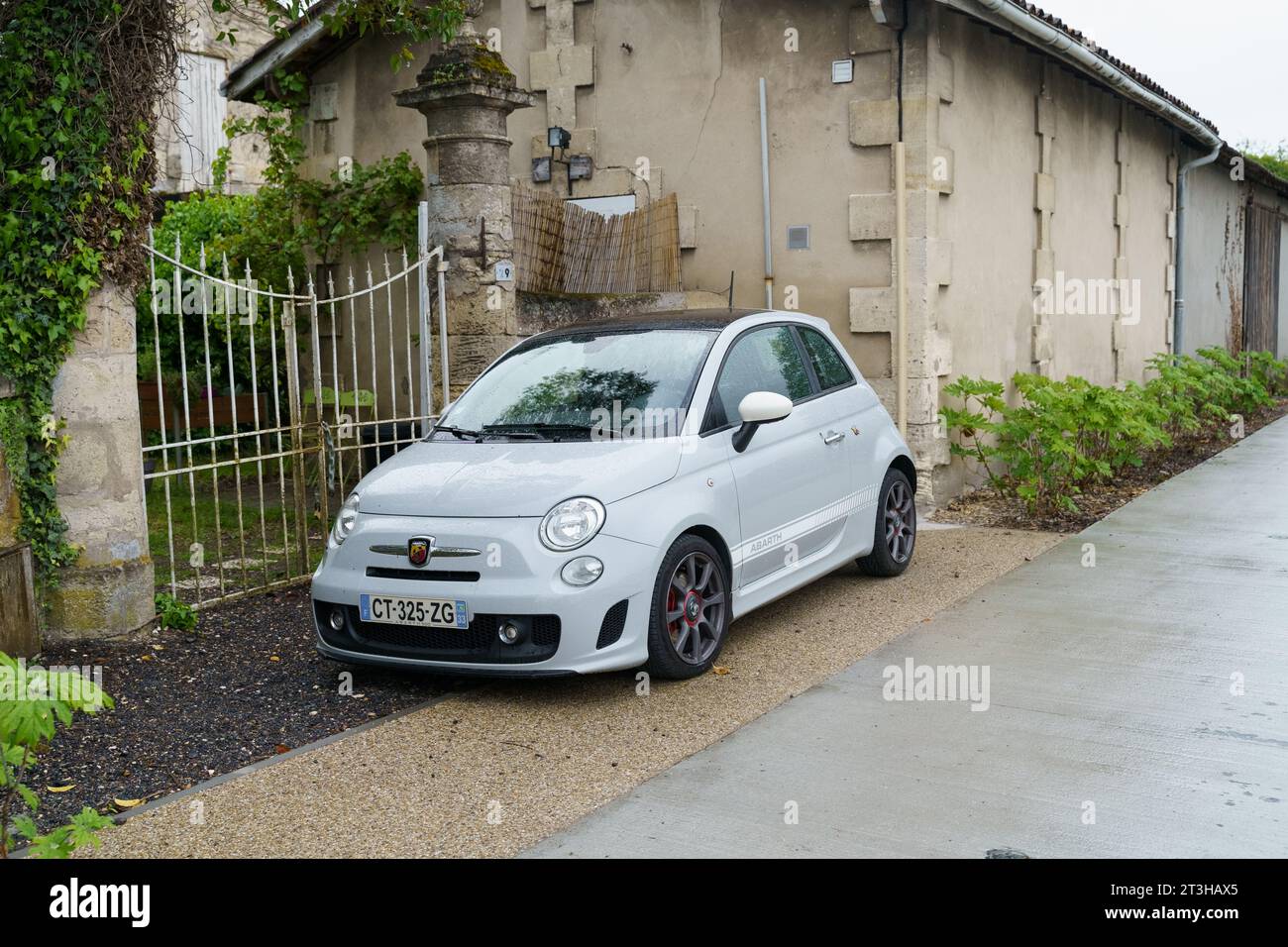Bordeaux, France - April 26, 2023: Modern Fiat 500 Abarth in light gray ...