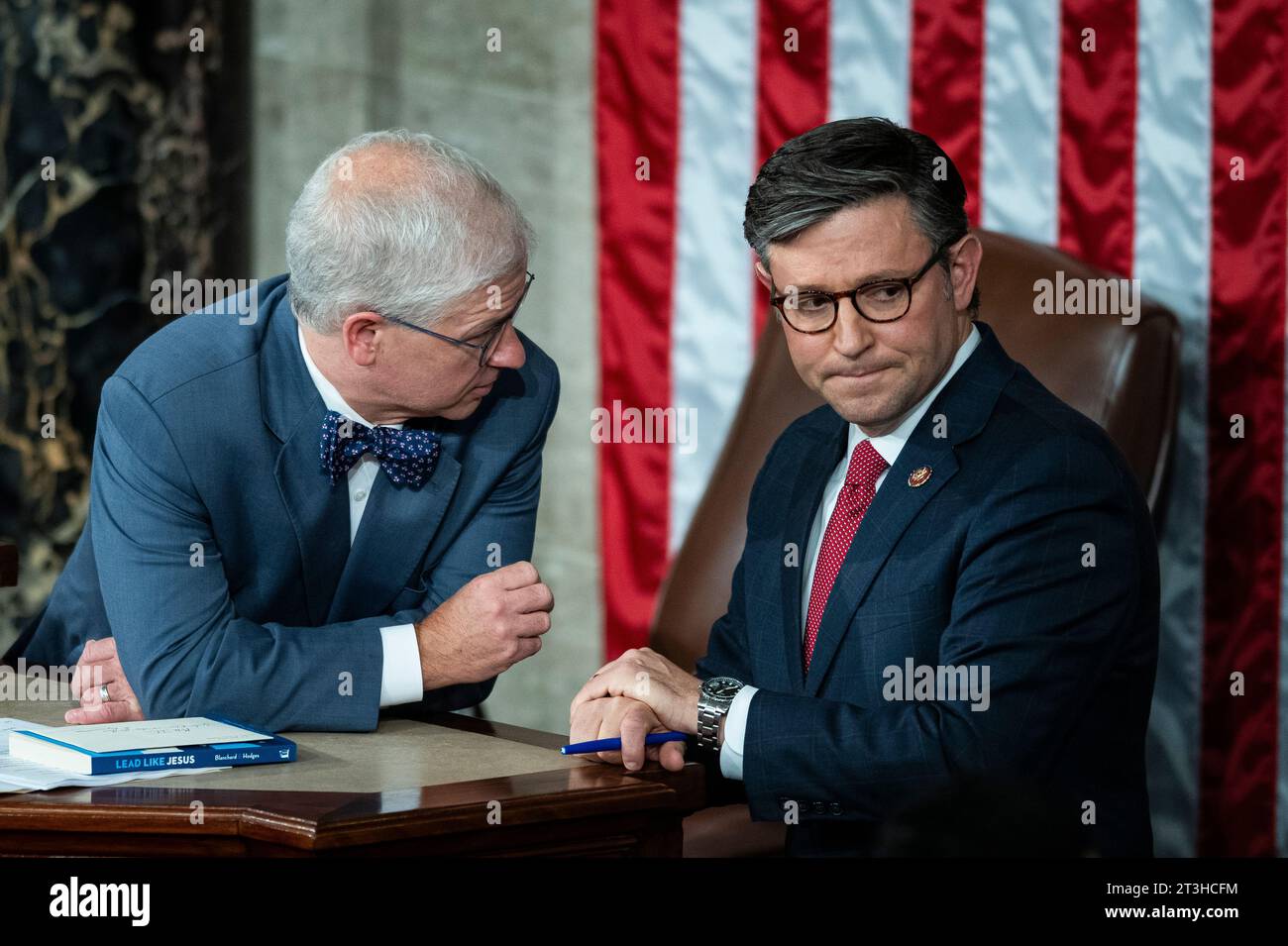 Representative Patrick McHenry (R-N.C.), the Speaker Pro Tempore of the House, speaks with ...