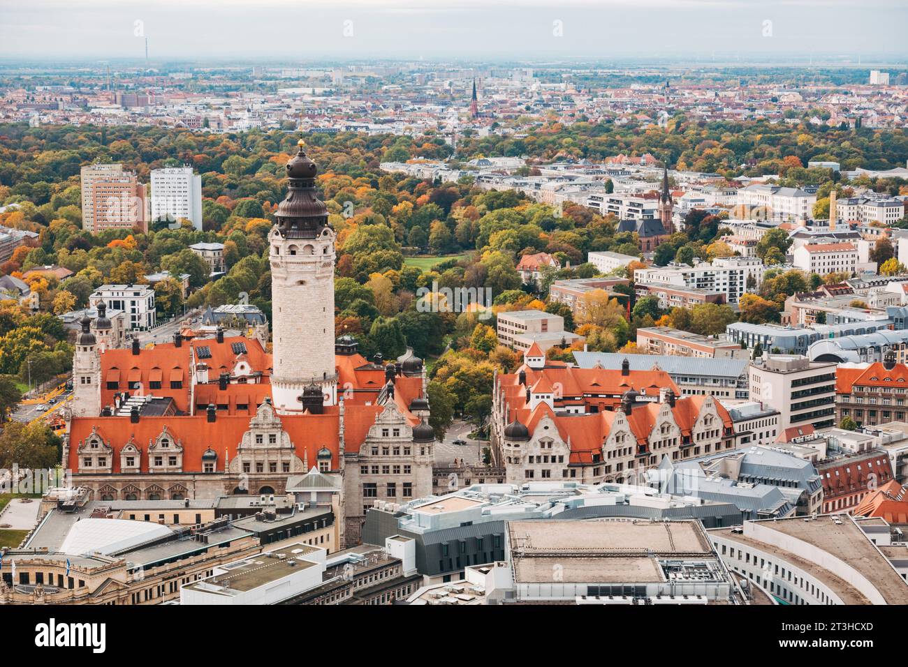 aerial view of the New Town Hall (Neues Rathaus Stadt) in the city of Leipzig, Germany, on an ...