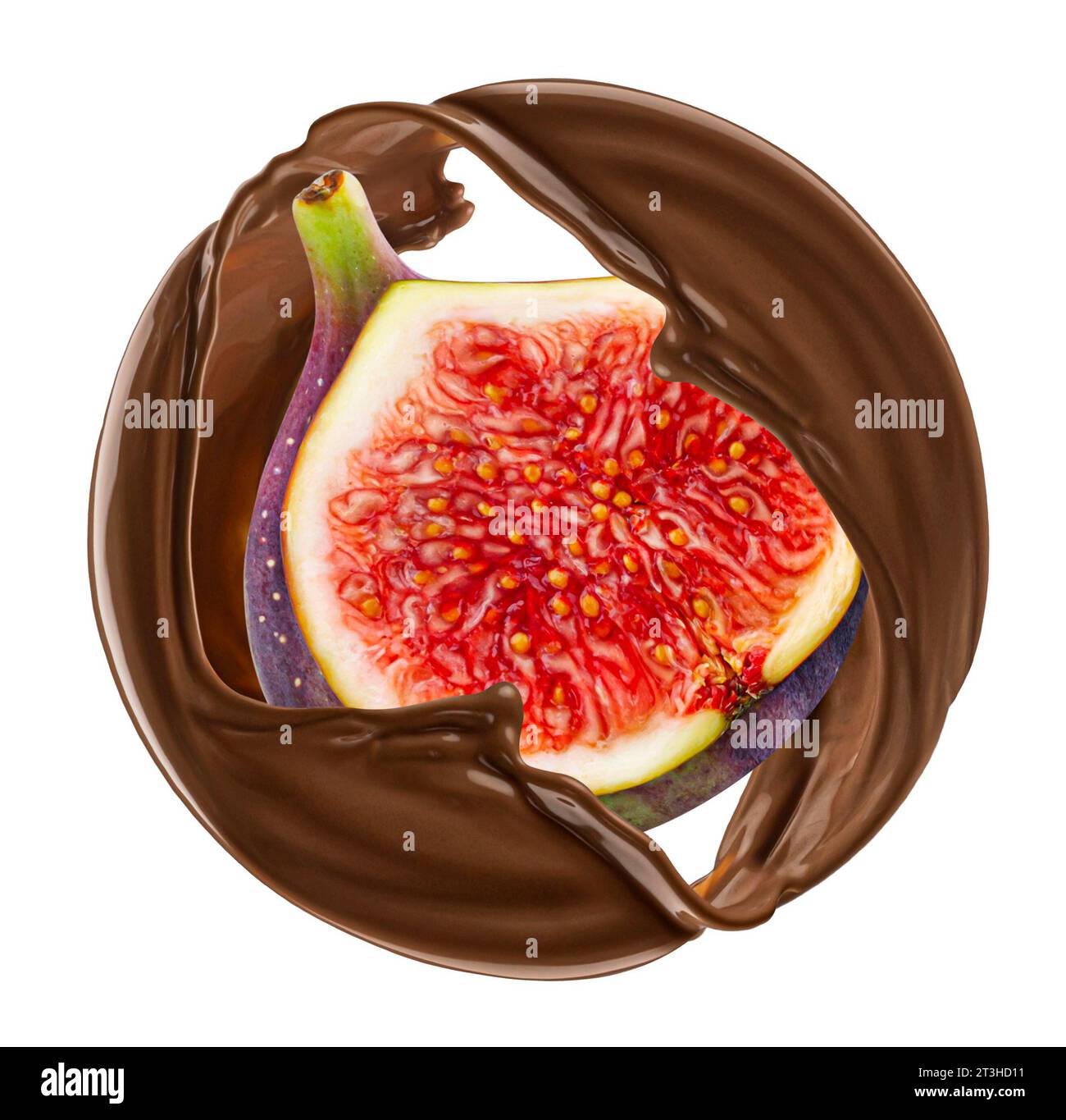 Fig slice and chocolate splash isolated on white background with ...