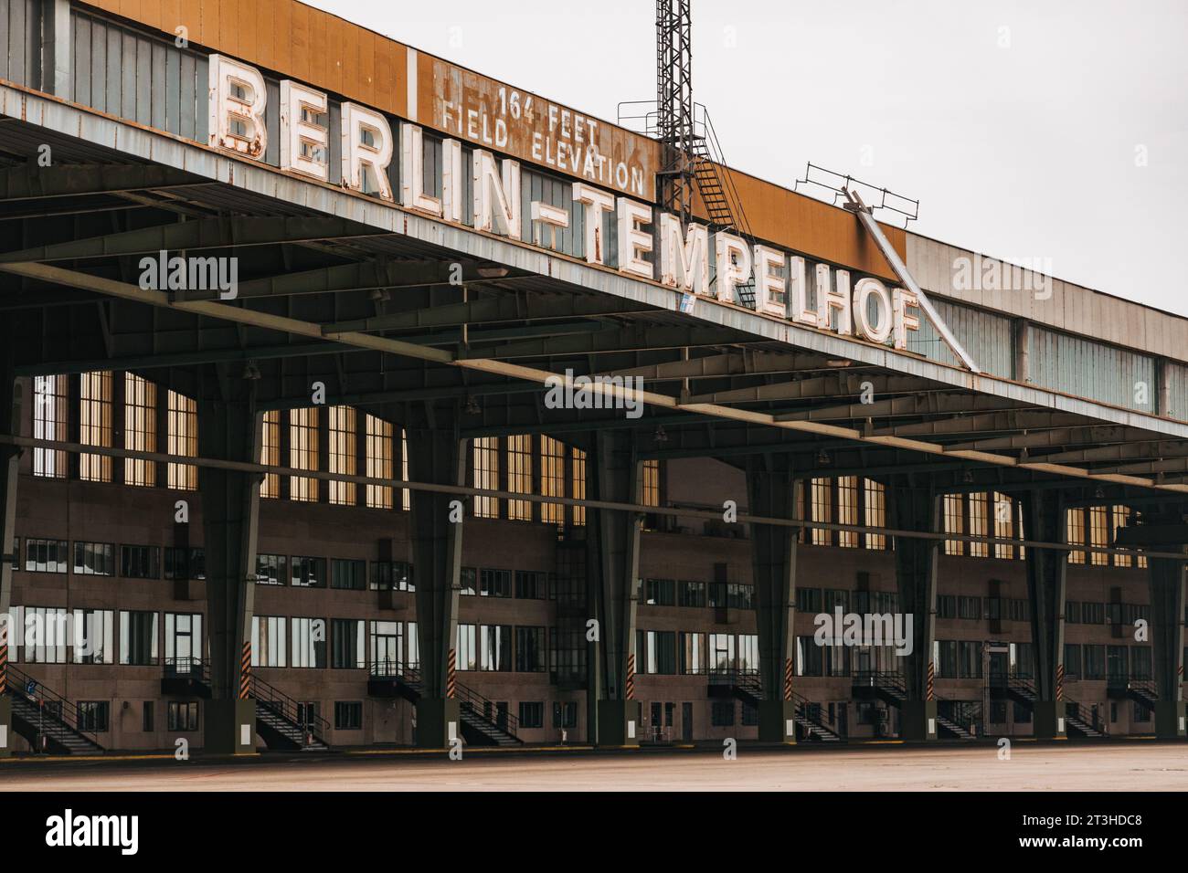 an old sign on the Berlin Tempelhof Airport terminal, which closed to ...