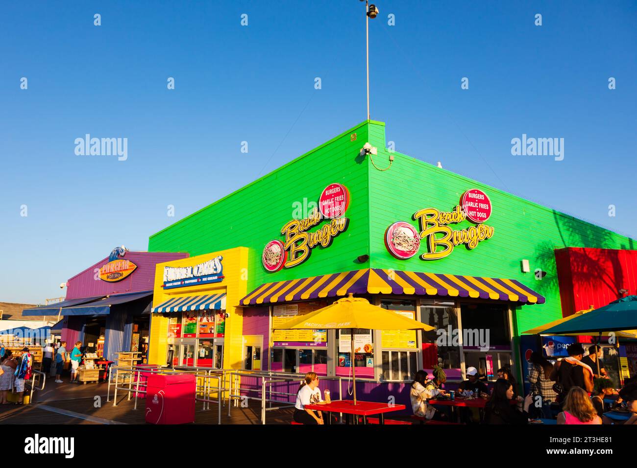 Beach Burger restaurant fast food on Santa Monica Pier, with tourists ...