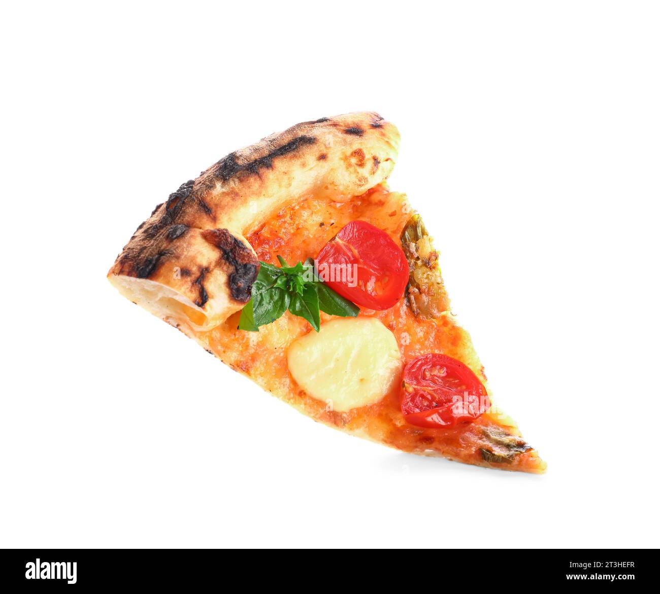 Flying slice of tasty pizza Margarita on white background Stock Photo ...