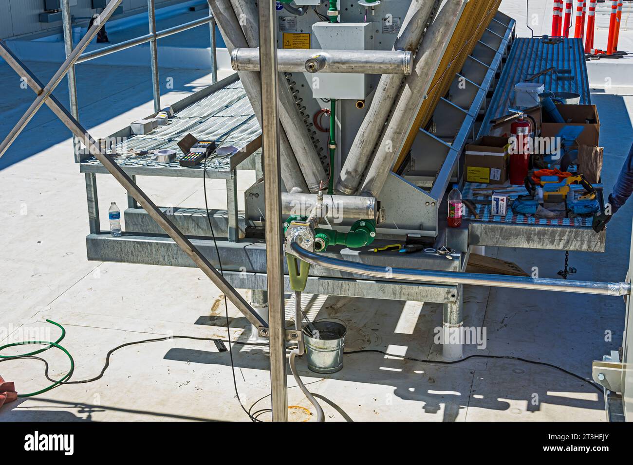 One end of an adiabatic condenser on the roof at a CO2 cold-storage ...
