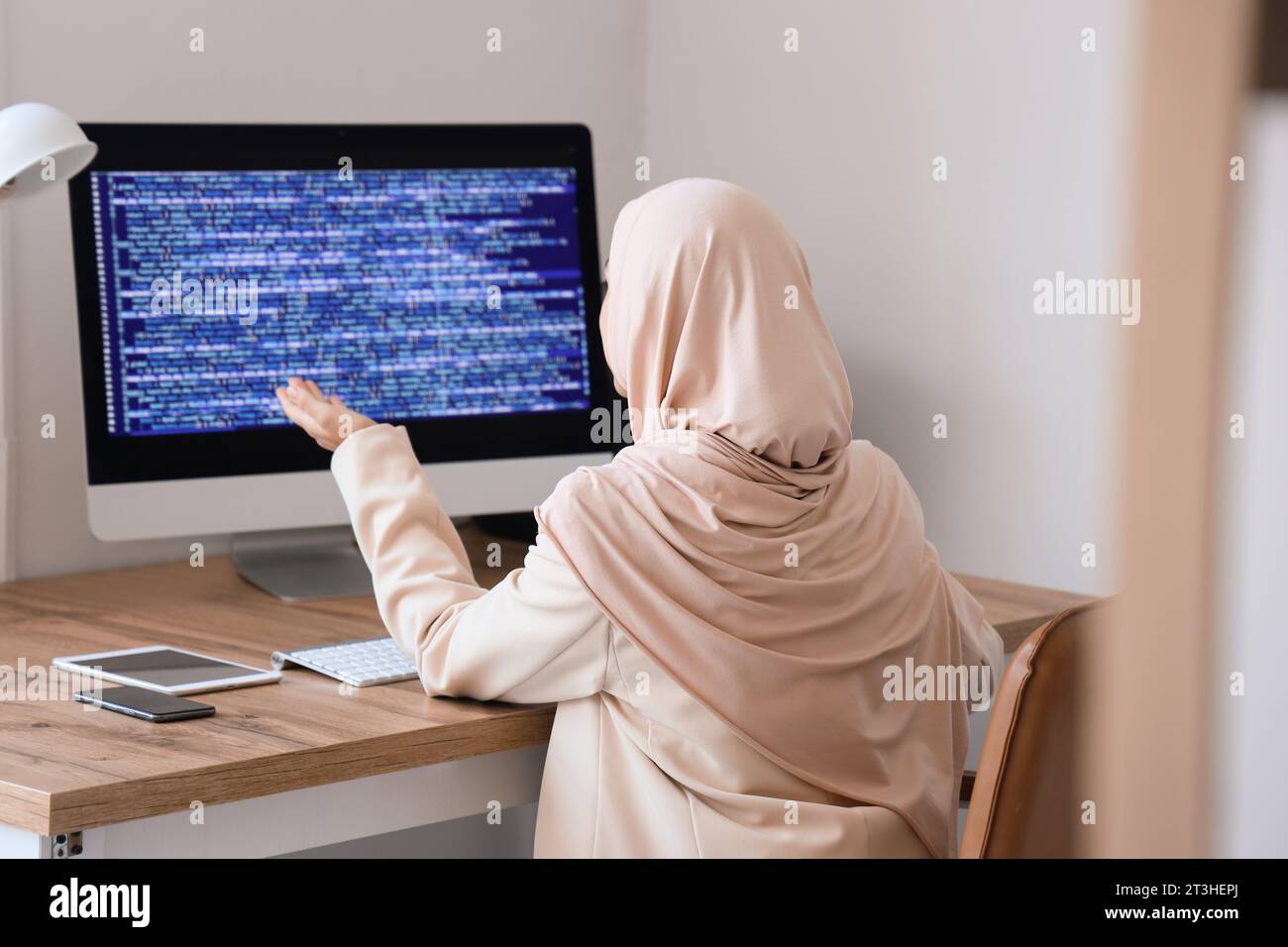 Muslim female programmer working in office, back view Stock Photo - Alamy