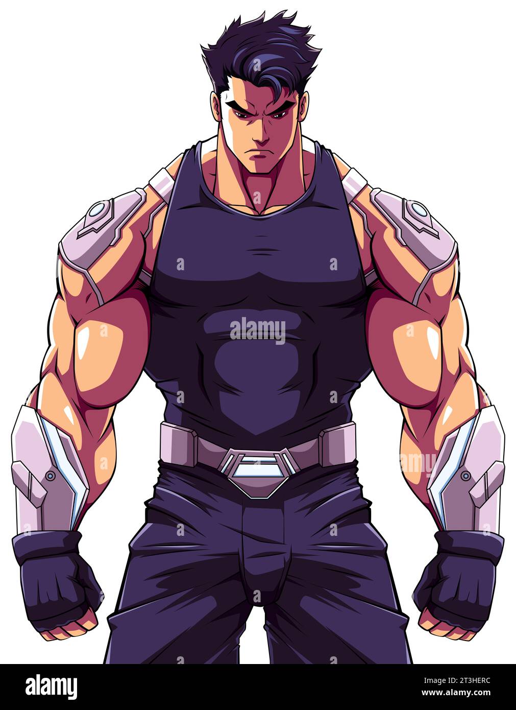 Illustration of angry high tech muscular manga superhero looking at ...