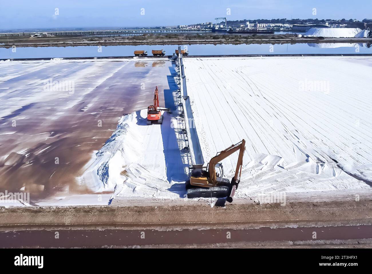 Aerial drone view of salt collection in the evaporators of sea salt in ...