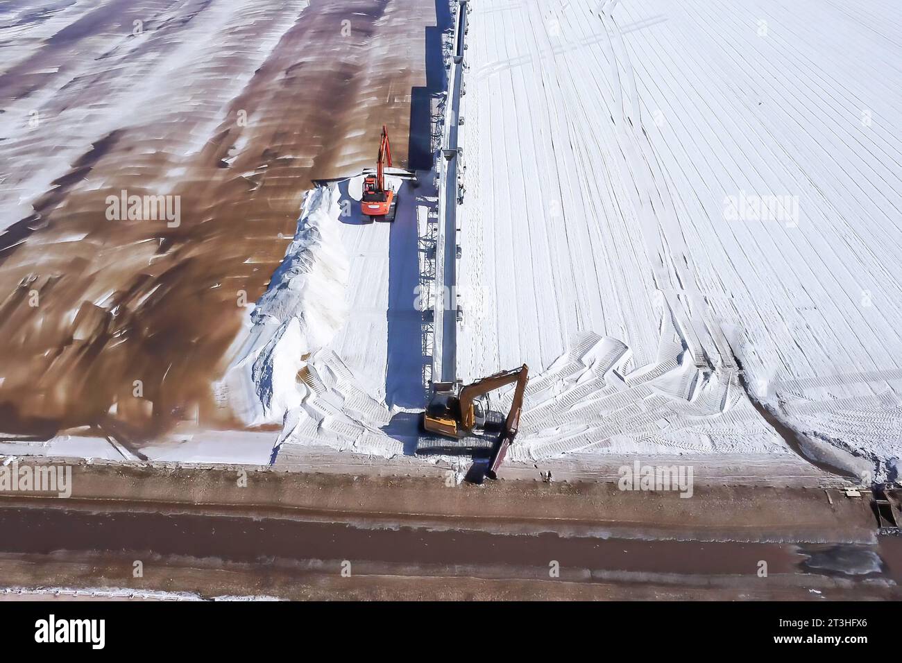 Aerial drone view of Salt collection in the evaporators of sea salt in ...