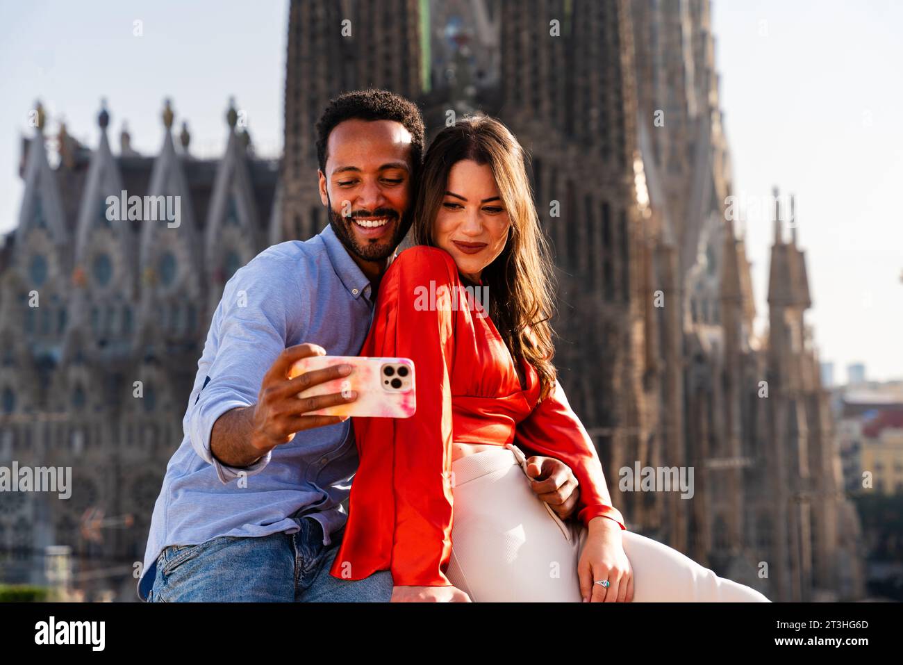 Multiracial beautiful happy couple of lovers dating on rooftop balcony ...