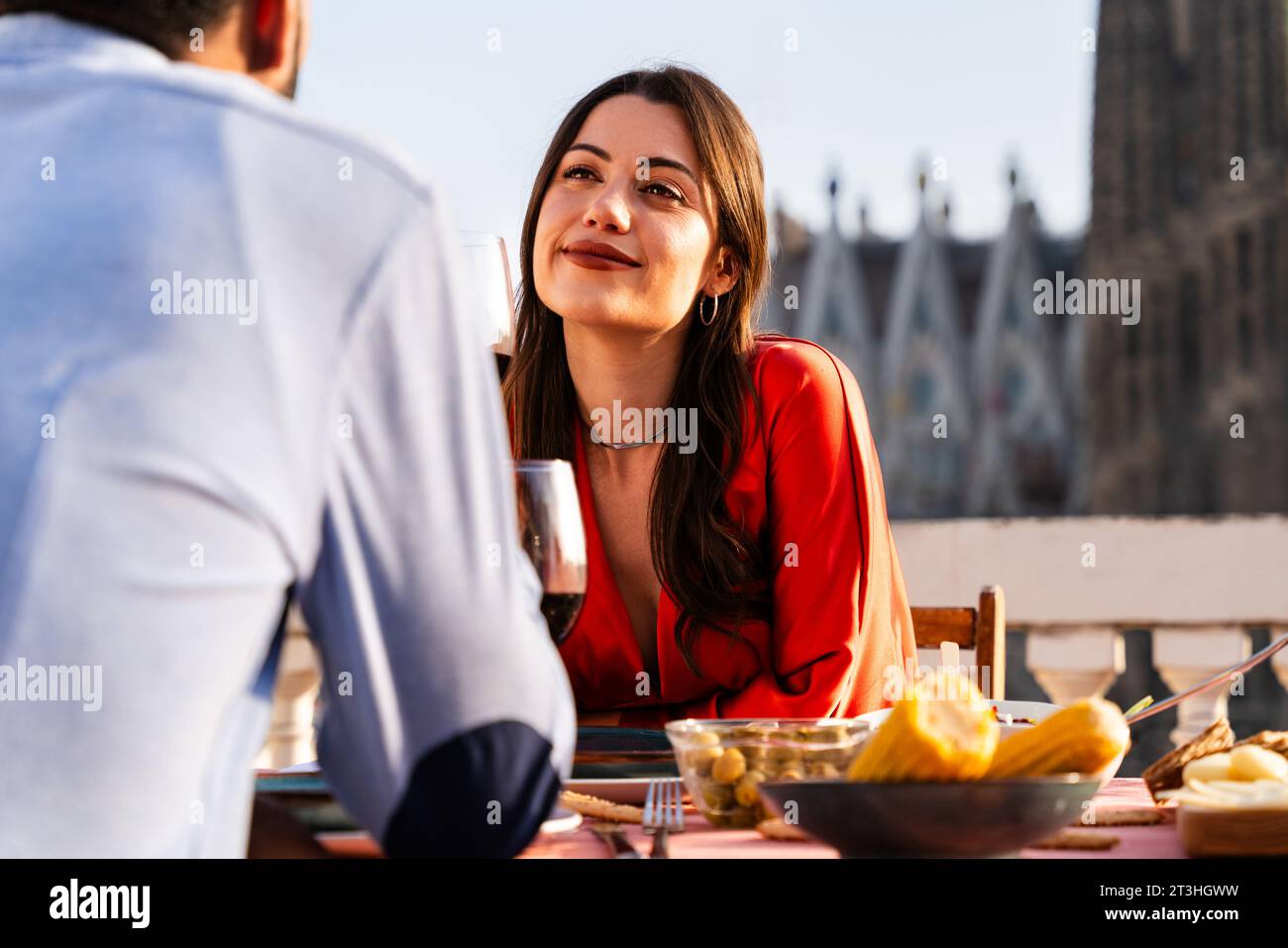 Multiracial beautiful happy couple of lovers dating on rooftop balcony ...