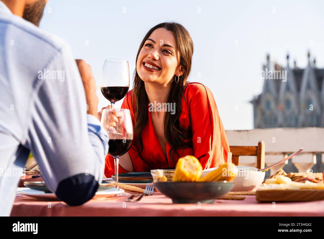 Multiracial beautiful happy couple of lovers dating on rooftop balcony ...