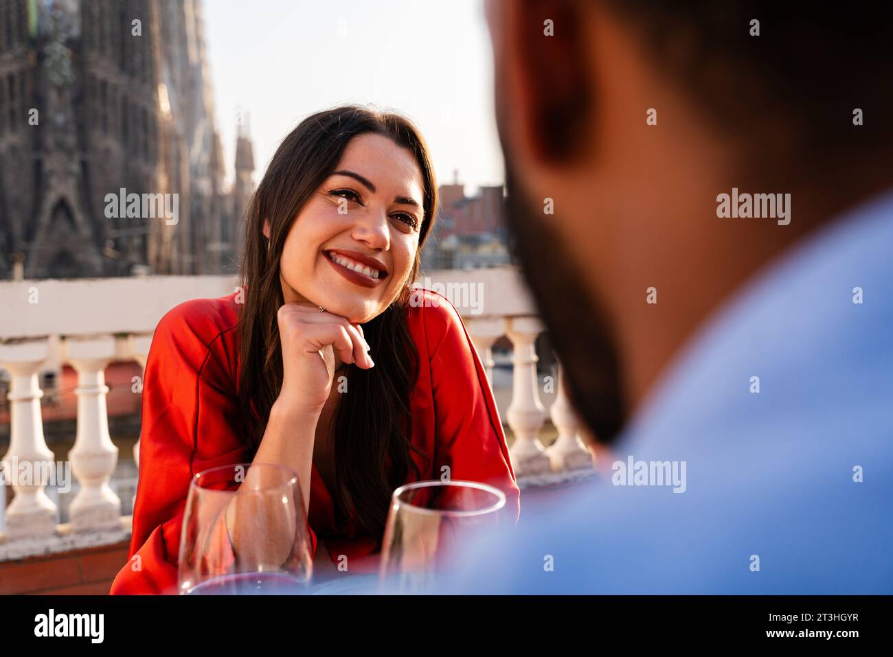 Multiracial beautiful happy couple of lovers dating on rooftop balcony ...