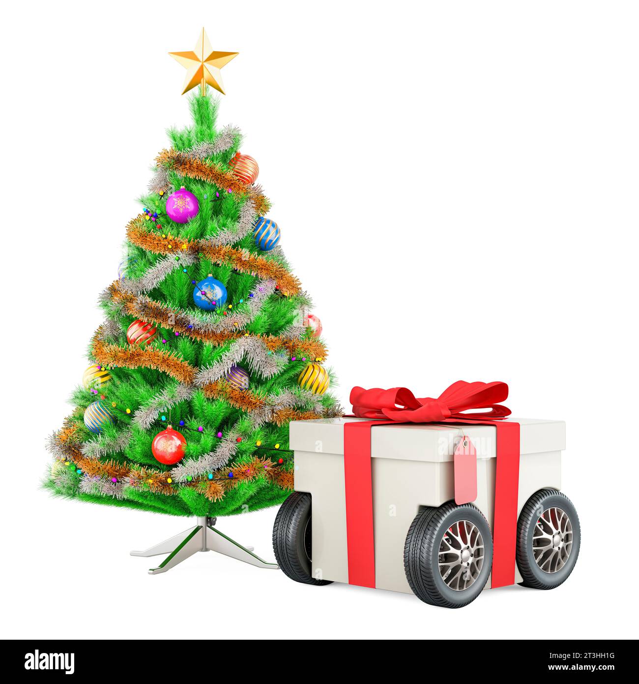 Christmas tree with gift box on wheels, fast gift delivery concept. 3D ...